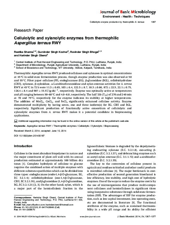 (PDF) Cellulolytic and xylanolytic enzymes from thermophilic Aspergillus terreus RWY