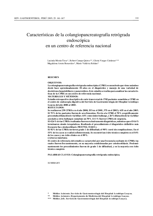 (PDF) Caracteristicas De La Colangiopancreatografia Retrograda Endoscopica en Un Centro De ...