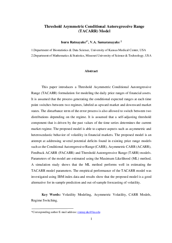 (PDF) Threshold Asymmetric Conditional Autoregressive Range (TACARR) Model