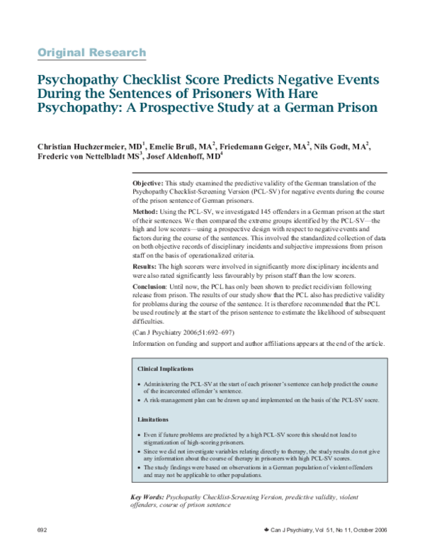 (PDF) Psychopathy Checklist Score Predicts Negative Events during the ...