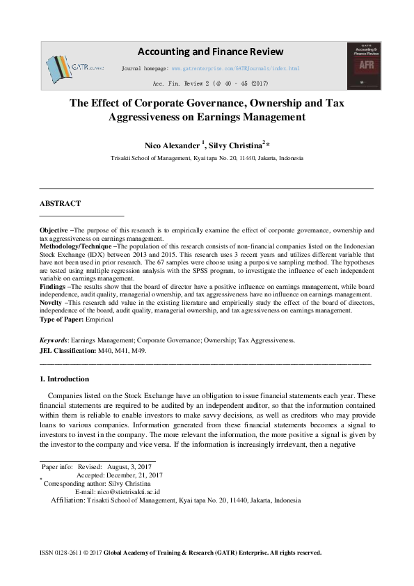 (PDF) The Effect of Corporate Governance, Ownership and Tax ...