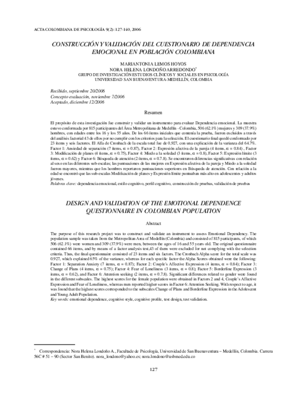 (PDF) Design and Validation of the Emotional Dependence Questionnaire ...