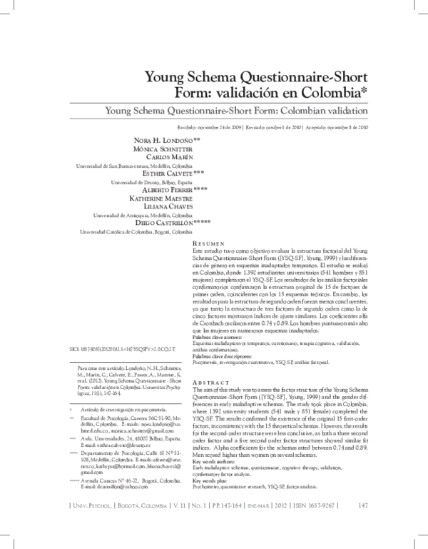 (PDF) Young Schema Questionnaire – Short Form, Validación en Colombia