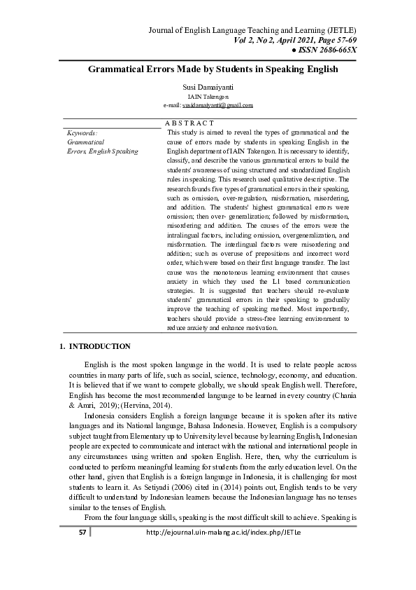 (PDF) Grammatical Errors Made by Students in Speaking English