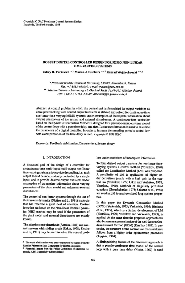Pdf Robust Digital Controller Design For Mimo Non Linear Time Varying