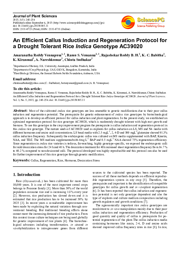(PDF) An Efficient Callus Induction and Regeneration Protocol for a ...