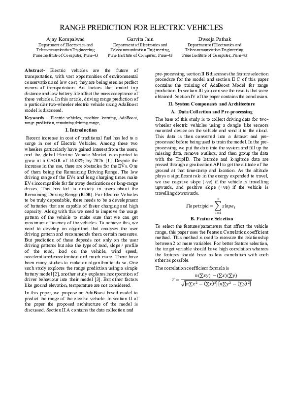 (PDF) RANGE PREDICTION FOR ELECTRIC VEHICLES