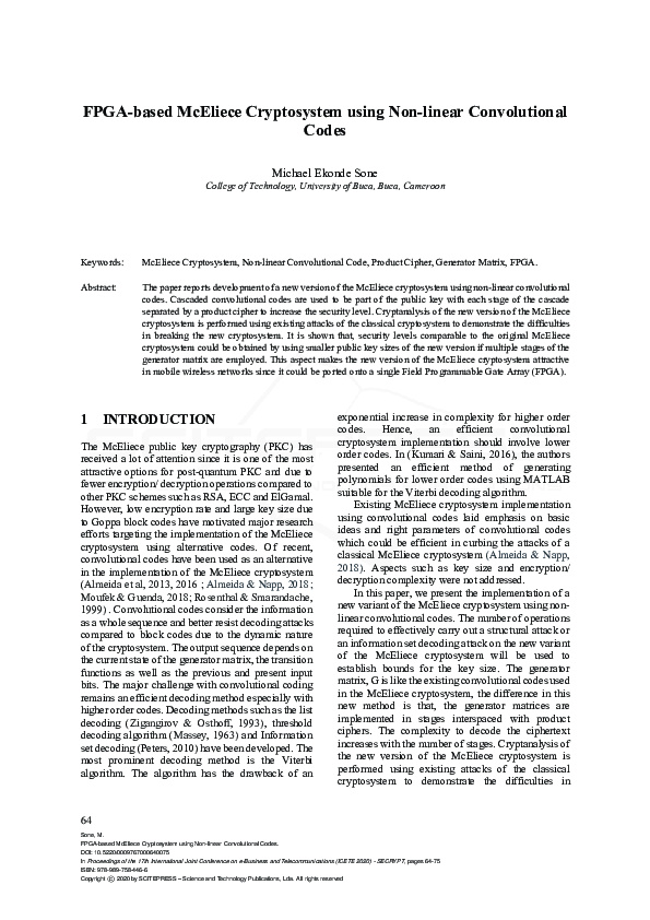 Pdf Fpga Based Mceliece Cryptosystem Using Non Linear Convolutional Codes