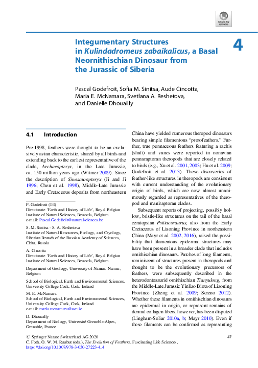 (PDF) Integumentary Structures in Kulindadromeus zabaikalicus, a Basal ...
