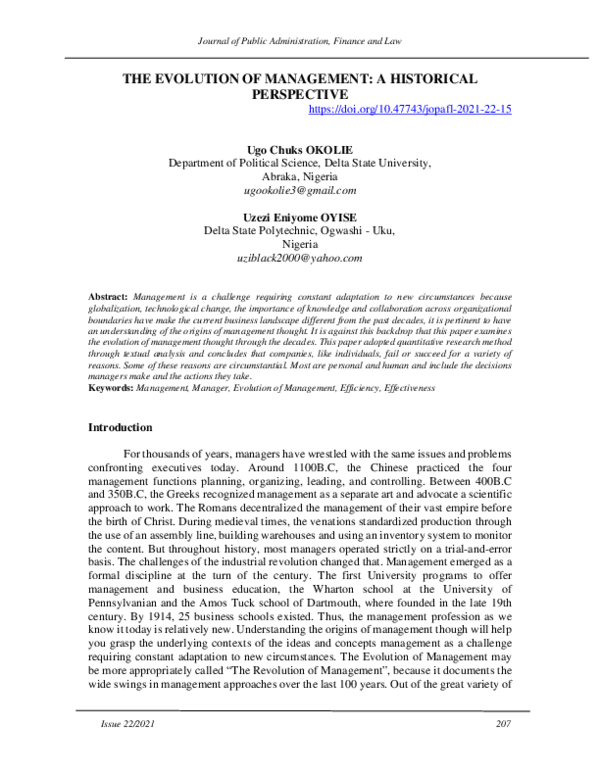 (PDF) The Evolution of Management: A Historical Perspective