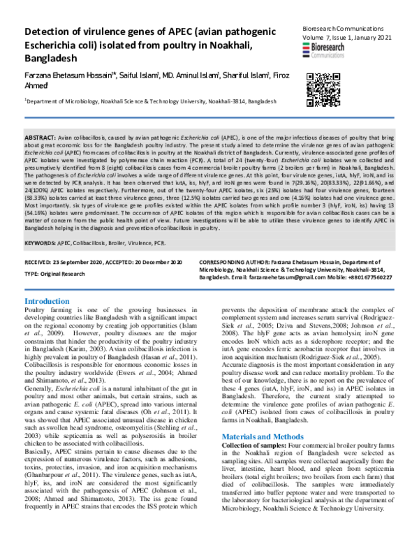 Detection Of Virulence Genes Of Apec Avian Pathogenic Escherichia Coli Isolated From Poultry
