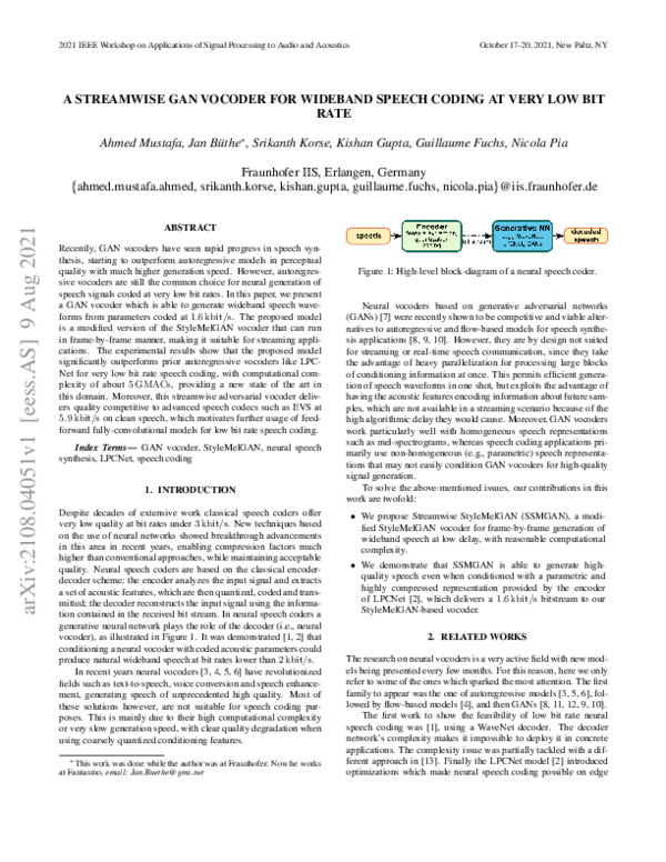 (PDF) A Streamwise Gan Vocoder for Wideband Speech Coding at Very Low Bit Rate