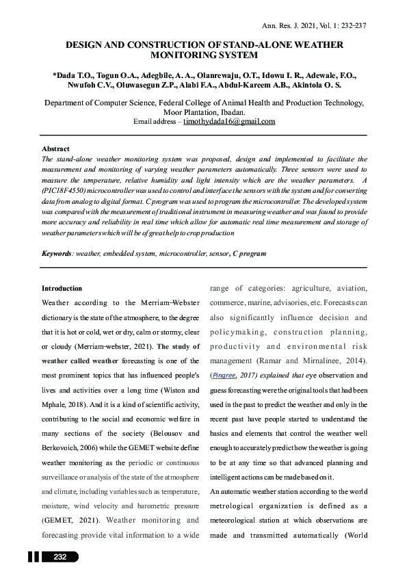 (PDF) DESIGN AND CONSTRUCTION OF STAND-ALONE WEATHER MONITORING SYSTEM