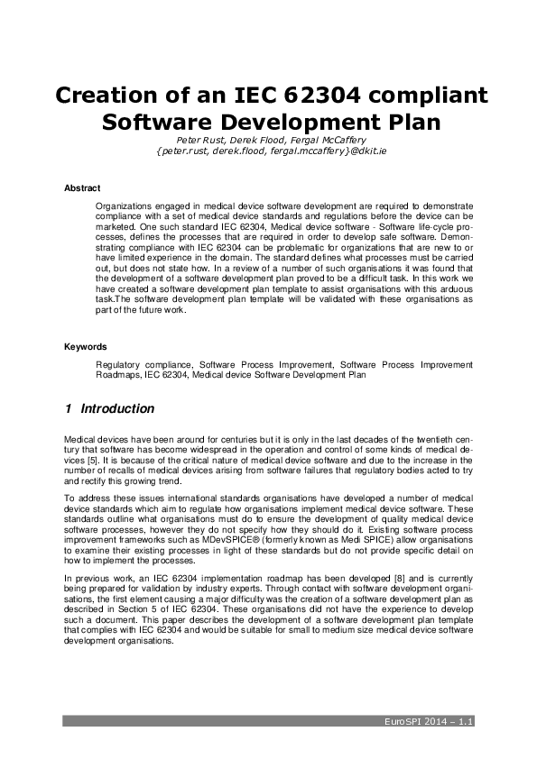 (PDF) Creation of an IEC 62304 compliant software development plan