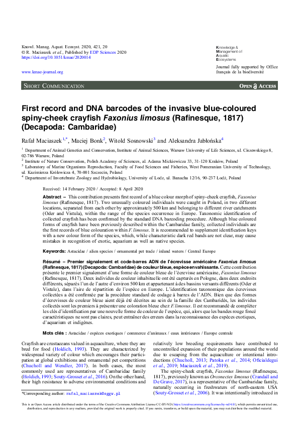(PDF) First record and DNA barcodes of the invasive blue-coloured spiny ...