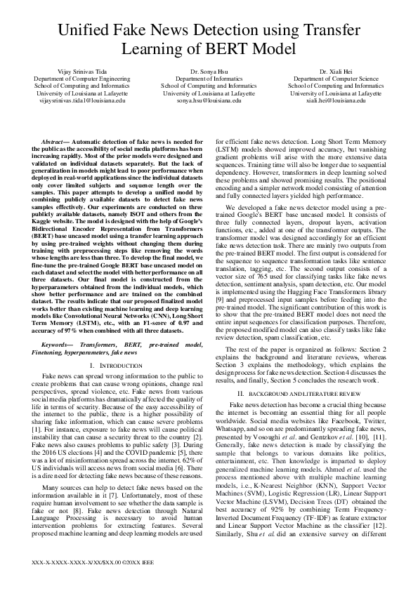 (PDF) Unified Fake News Detection using Transfer Learning of ...