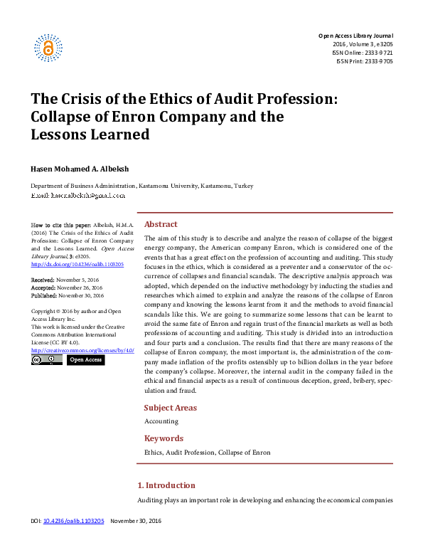 (PDF) The Crisis of the Ethics of Audit Profession: Collapse of Enron ...