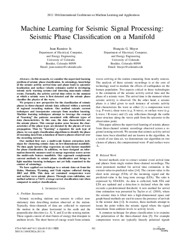 (PDF) Machine Learning for Seismic Signal Processing: Phase ...