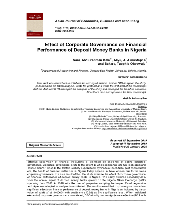 (PDF) Effect of Corporate Governance on Financial Performance of Deposit Money Banks in Nigeria