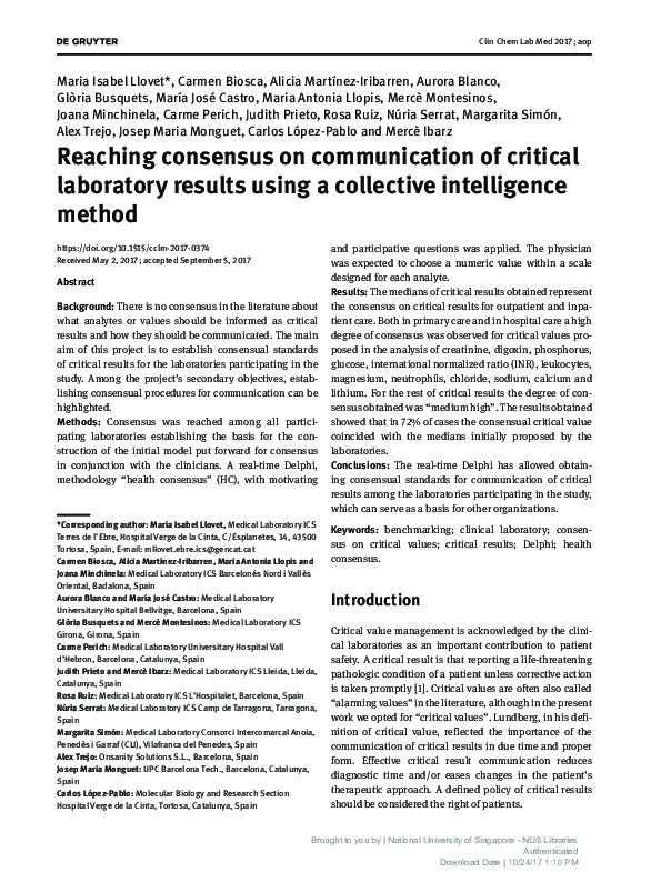 (PDF) Reaching consensus on communication of critical laboratory ...