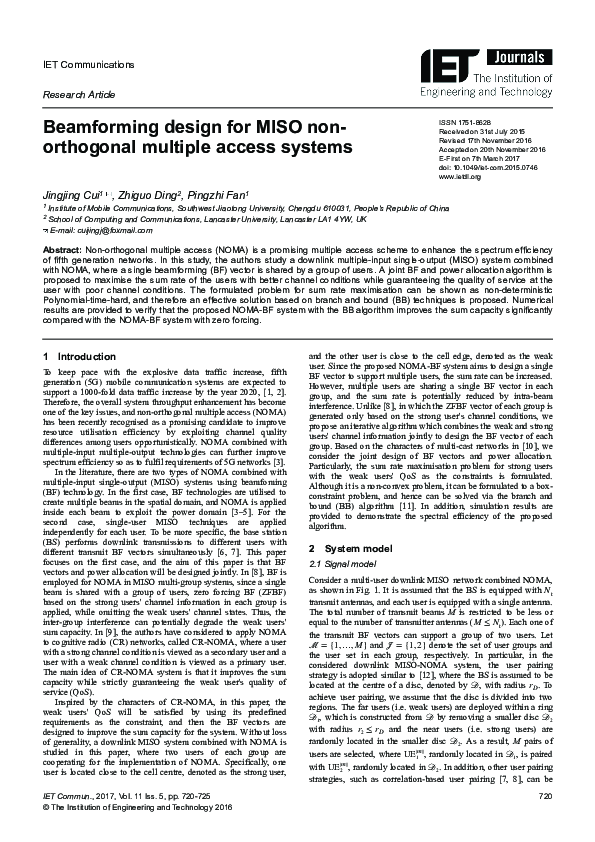 (PDF) Beamforming Design for MISO Non-orthogonal Multiple Access Systems