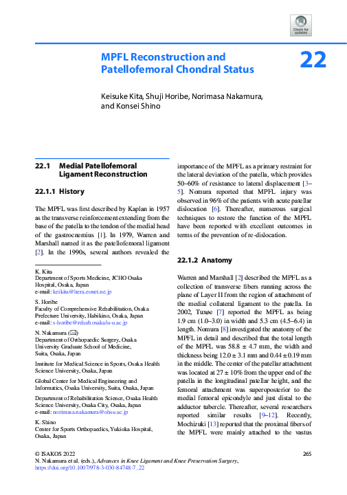 (PDF) MPFL Reconstruction and Patellofemoral Chondral Status