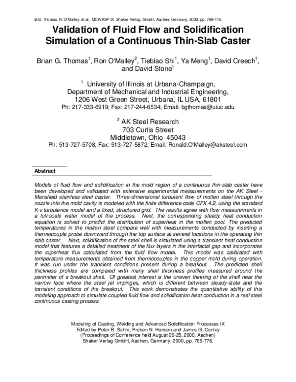 Pdf Validation Of Fluid Flow And Solidification Simulation Of A Continuous Thin Slab Caster