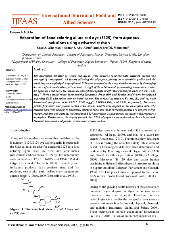 (PDF) Adsorption of Food Coloring Allura Red Dye (E129) from Aqueous ...