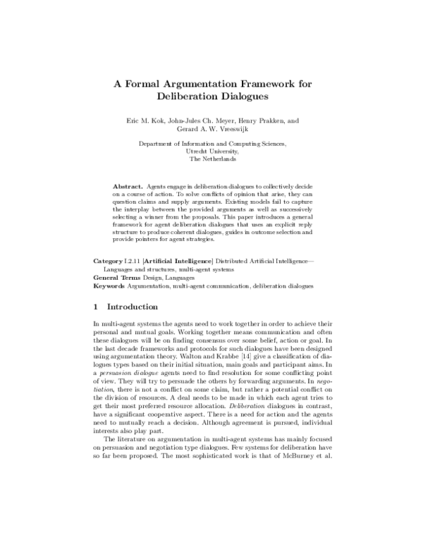 Pdf A Formal Argumentation Framework For Deliberation Dialogues