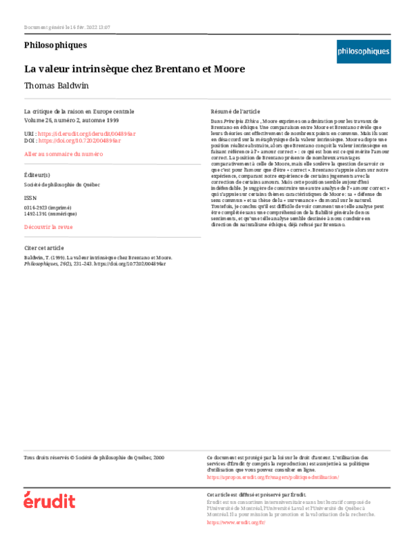 (PDF) La valeur intrinsèque chez Brentano et Moore