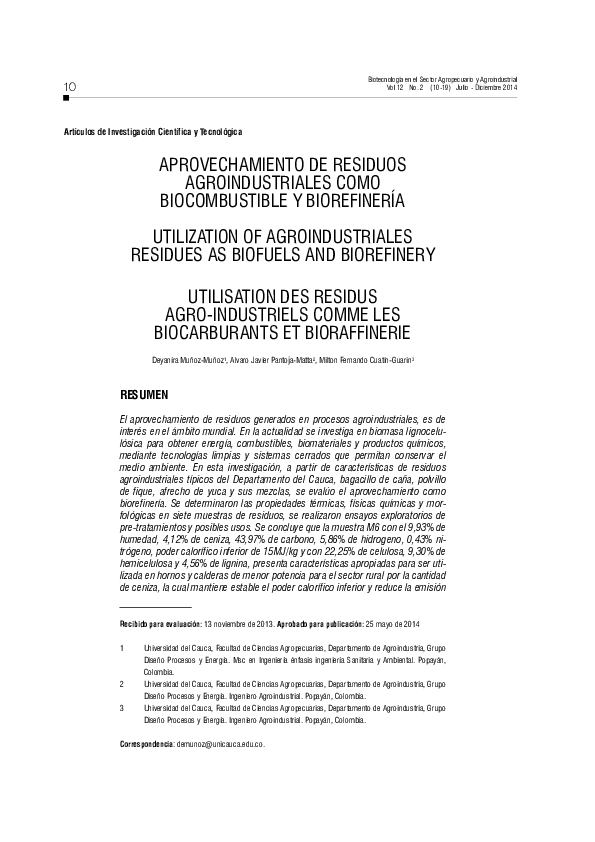 (PDF) Aprovechamiento De Residuos Agroindustriales Como Biocombustible y Biorefinería