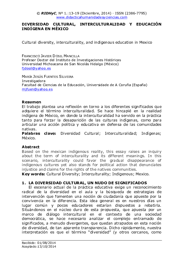 (PDF) Diversidad Cultural, Interculturalidad y Educación Indígena en México