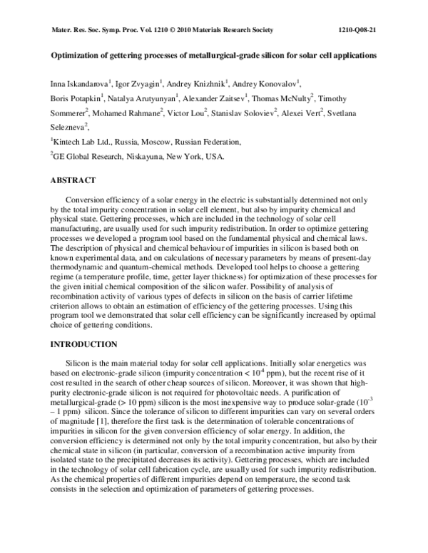 (PDF) Optimization of gettering processes of metallurgical-grade ...