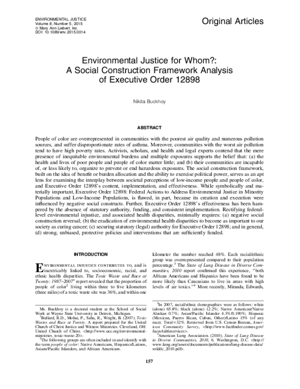 (PDF) Environmental Justice for Whom?: A Social Construction Framework ...