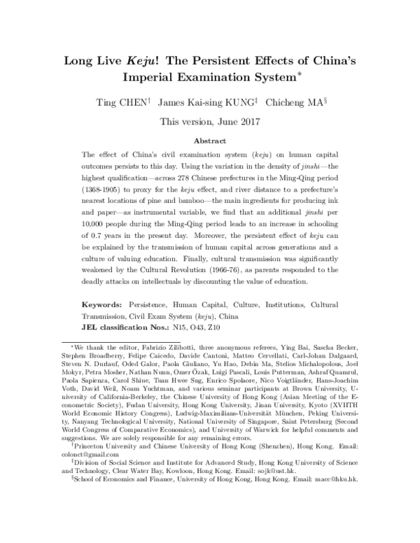 (PDF) Long Live Keju! The Persistent Effects of China's Imperial ...