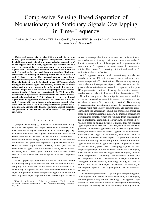 Pdf Compressive Sensing Based Separation Of Nonstationary And Stationary Signals Overlapping