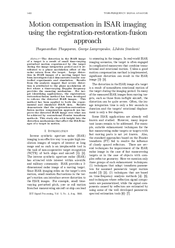 Pdf Motion Compensation In Isar Imaging Using The Registration Restoration Fusion Approach