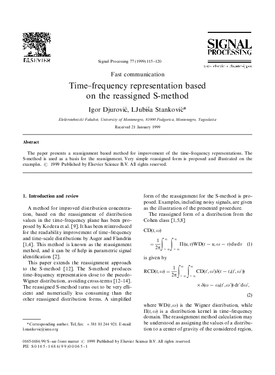 Pdf Timefrequency Representation Based On The Reassigned S Method