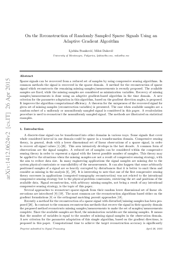 Pdf Reconstruction Of Randomly Sampled Sparse Signals Using An