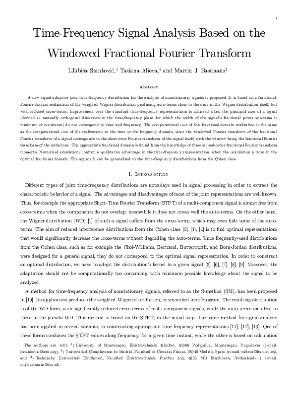 (PDF) Time–frequency signal analysis based on the windowed fractional Fourier transform ...