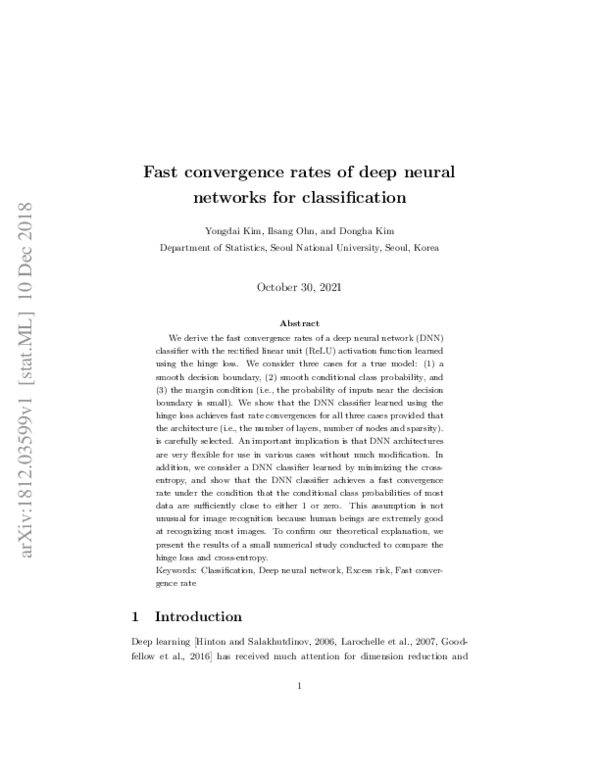 (PDF) Fast convergence rates of deep neural networks for classification