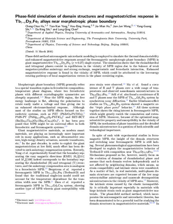 (PDF) Phase-field simulation of domain structures and magnetostrictive response in Tb1−xDyxFe2 ...