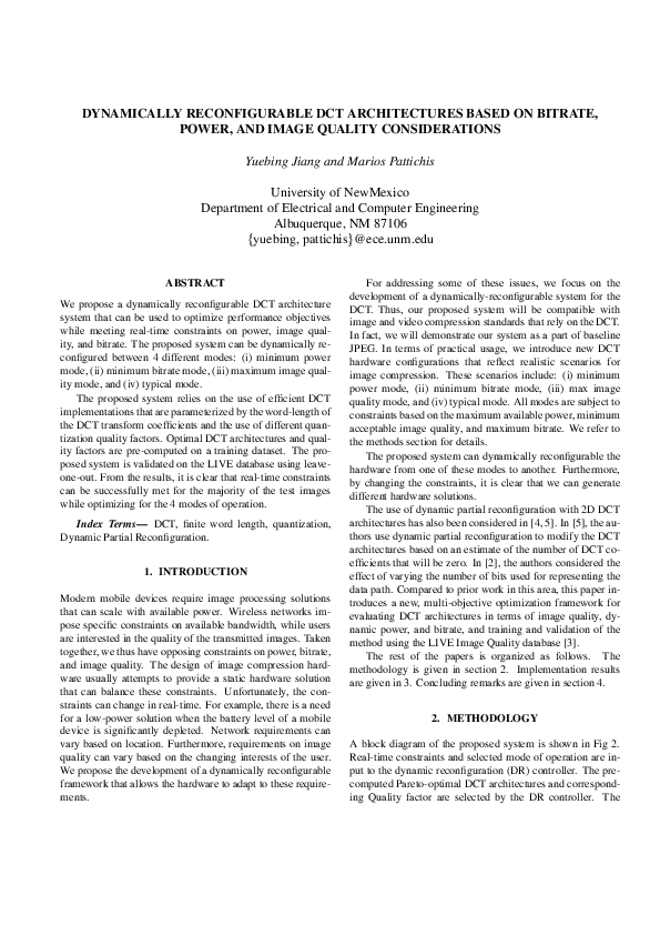 Pdf Dynamically Reconfigurable Dct Architectures Based On Bitrate Power And Image Quality