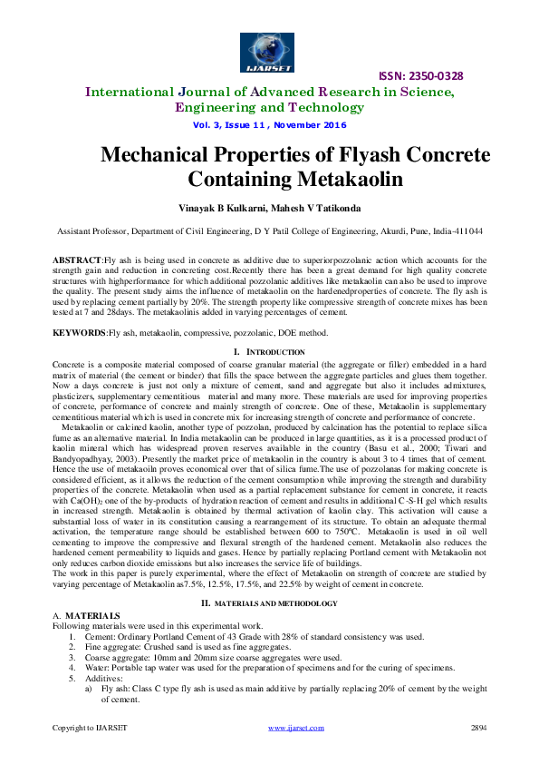 (PDF) Mechanical Properties of Flyash Concrete Containing Metakaolin