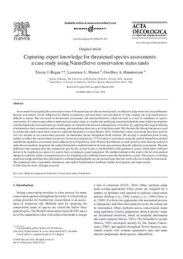 (PDF) Capturing expert knowledge for threatened species assessments: a ...