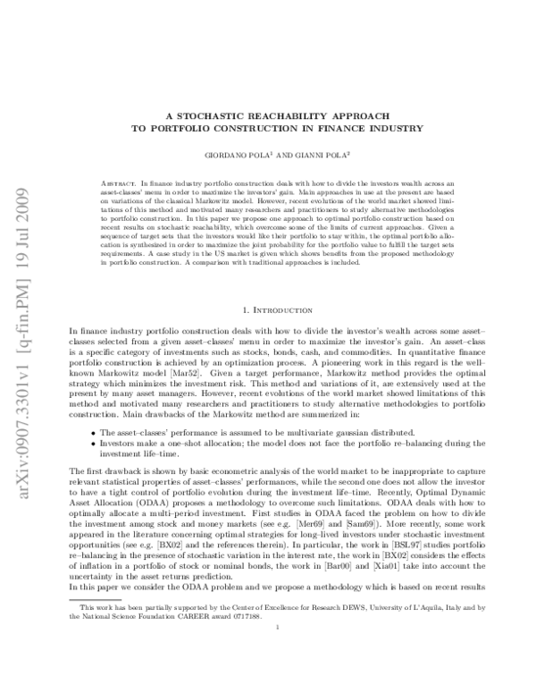 (PDF) A Stochastic Reachability Approach to Portfolio Construction in ...