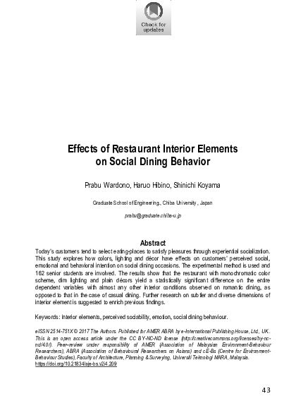 (PDF) Effects of Restaurant Interior Elements on Social Dining Behavior