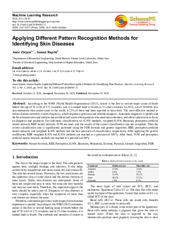 (PDF) Applying Different Pattern Recognition Methods for Identifying Skin Diseases