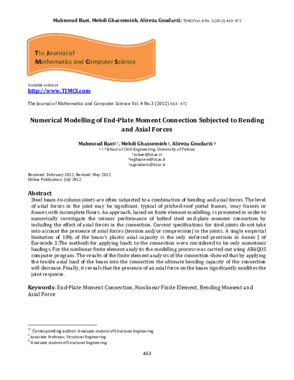 Pdf Numerical Modelling Of End Plate Moment Connection Subjected To Bending And Axial Forces