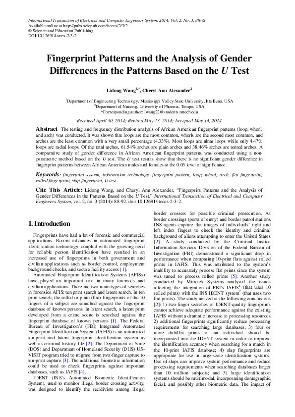 (PDF) Fingerprint Patterns and the Analysis of Gender Differences in the Patterns Based on the U ...